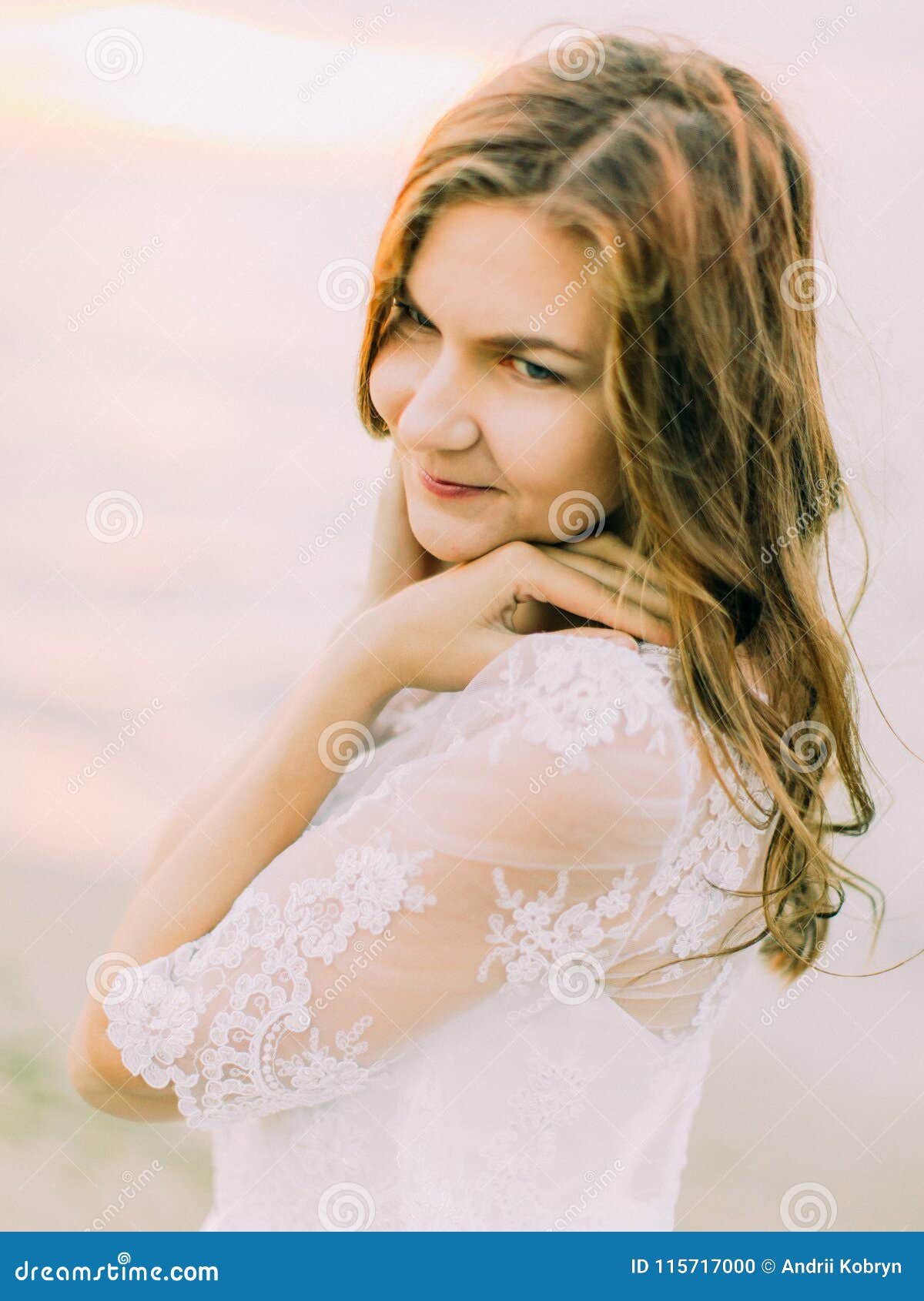 The Side Close-up Portrait of the Bride Looking Down. Stock Photo ...