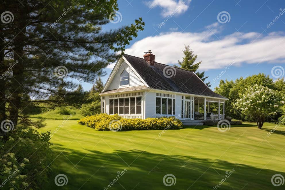 A Side Gable Cape Cod House Overlooking a Meadow Stock Image - Image of ...
