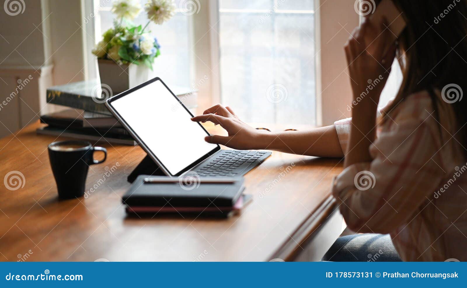 Side Image Of Beautiful Woman In Striped Shirt Calling By Smartphone