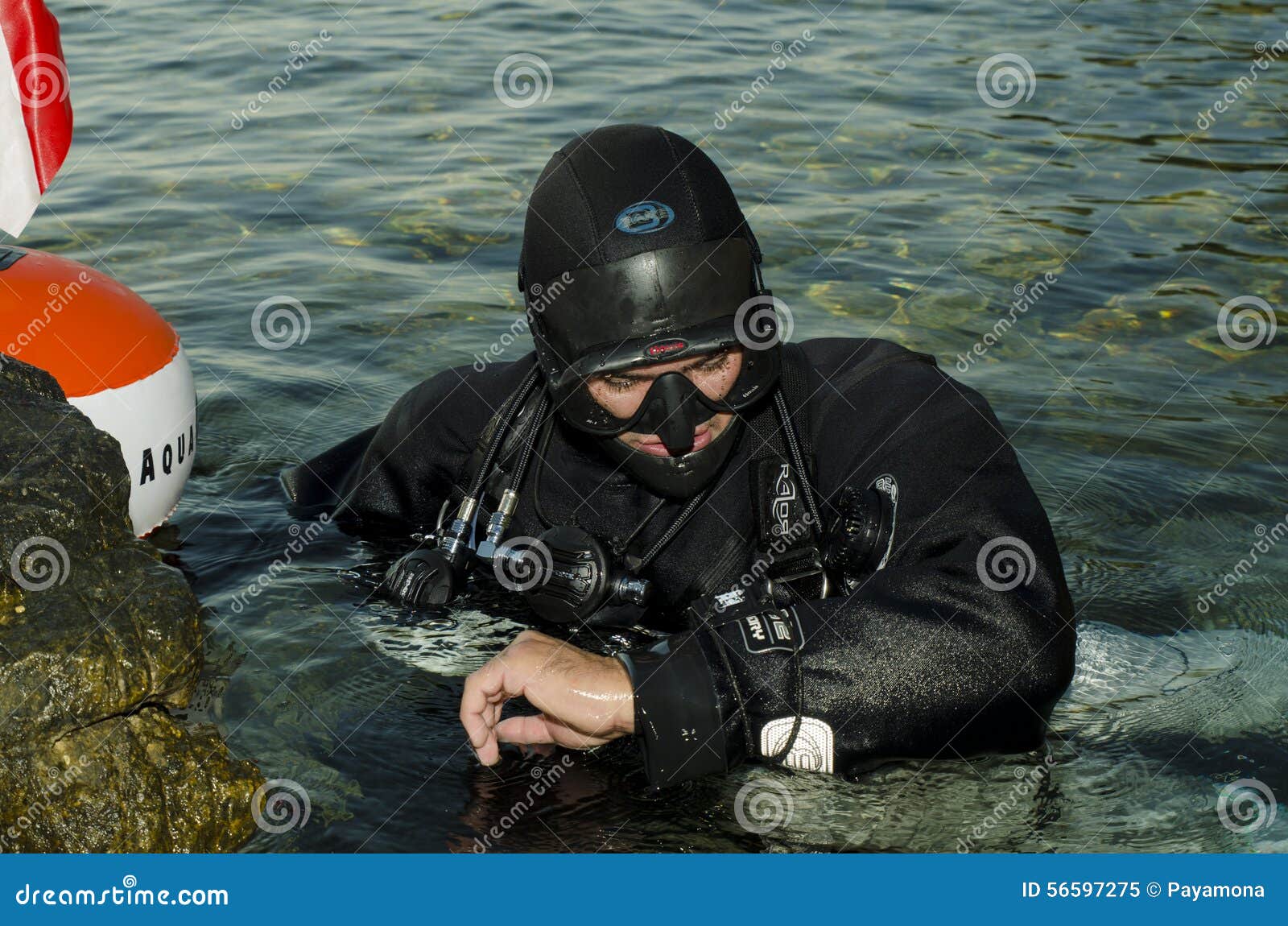 Side Mount Diver Wathing His Computer Editorial Image - Image of fins ...