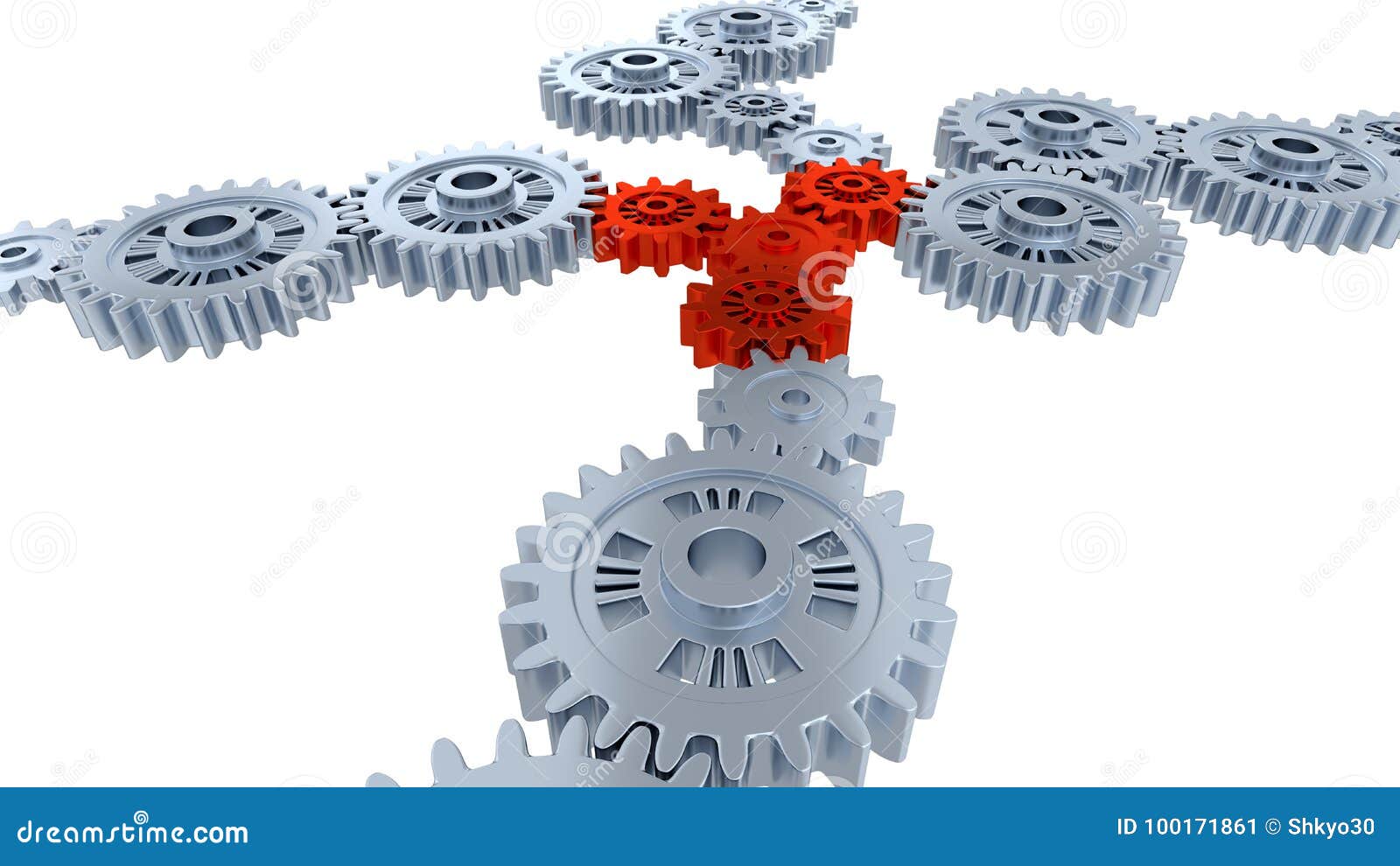 Side and Perspective View of Several Silver Gears and Four Red Stock ...