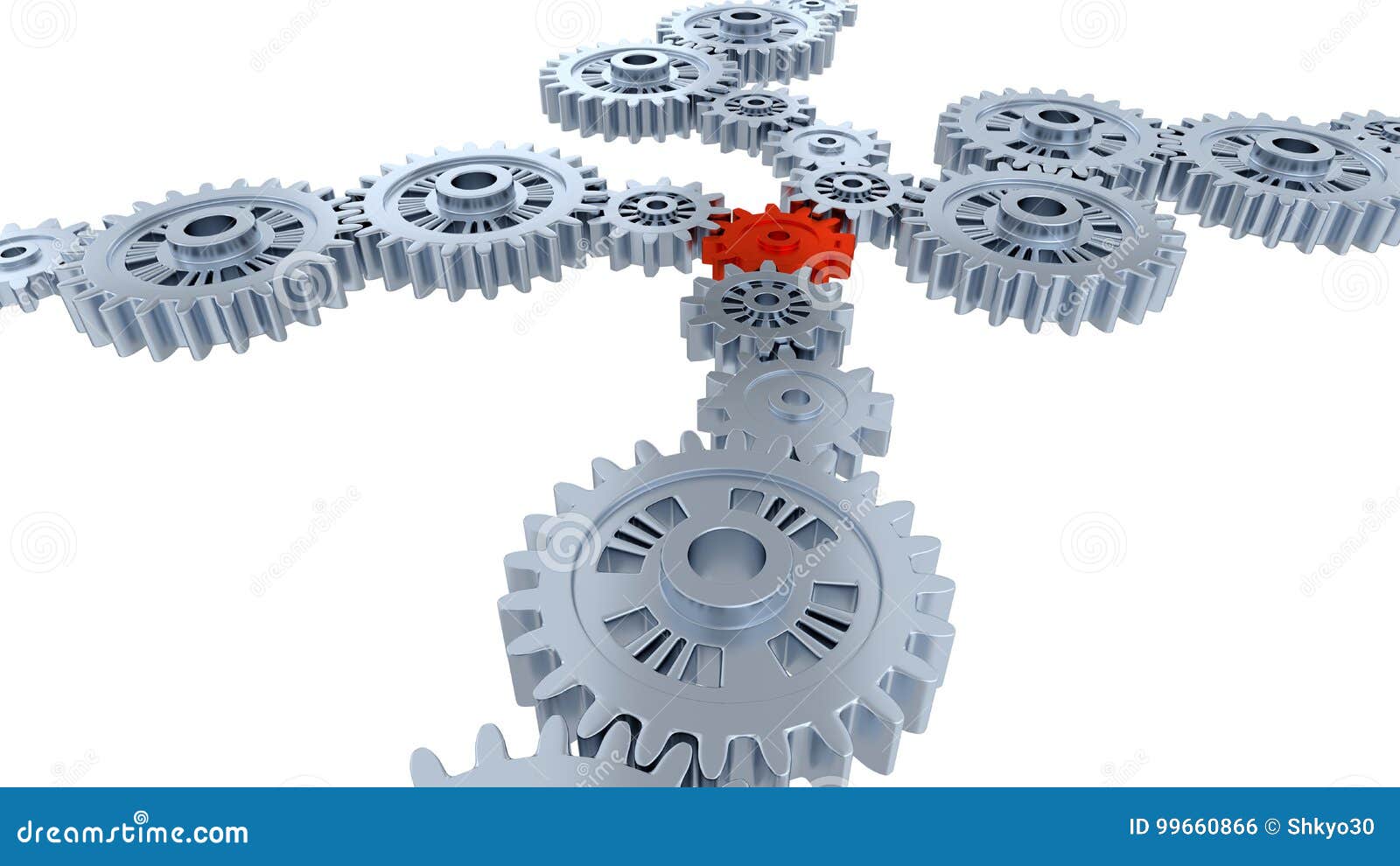 Side and Perspective View of Several Silver Gears and One Red Stock ...