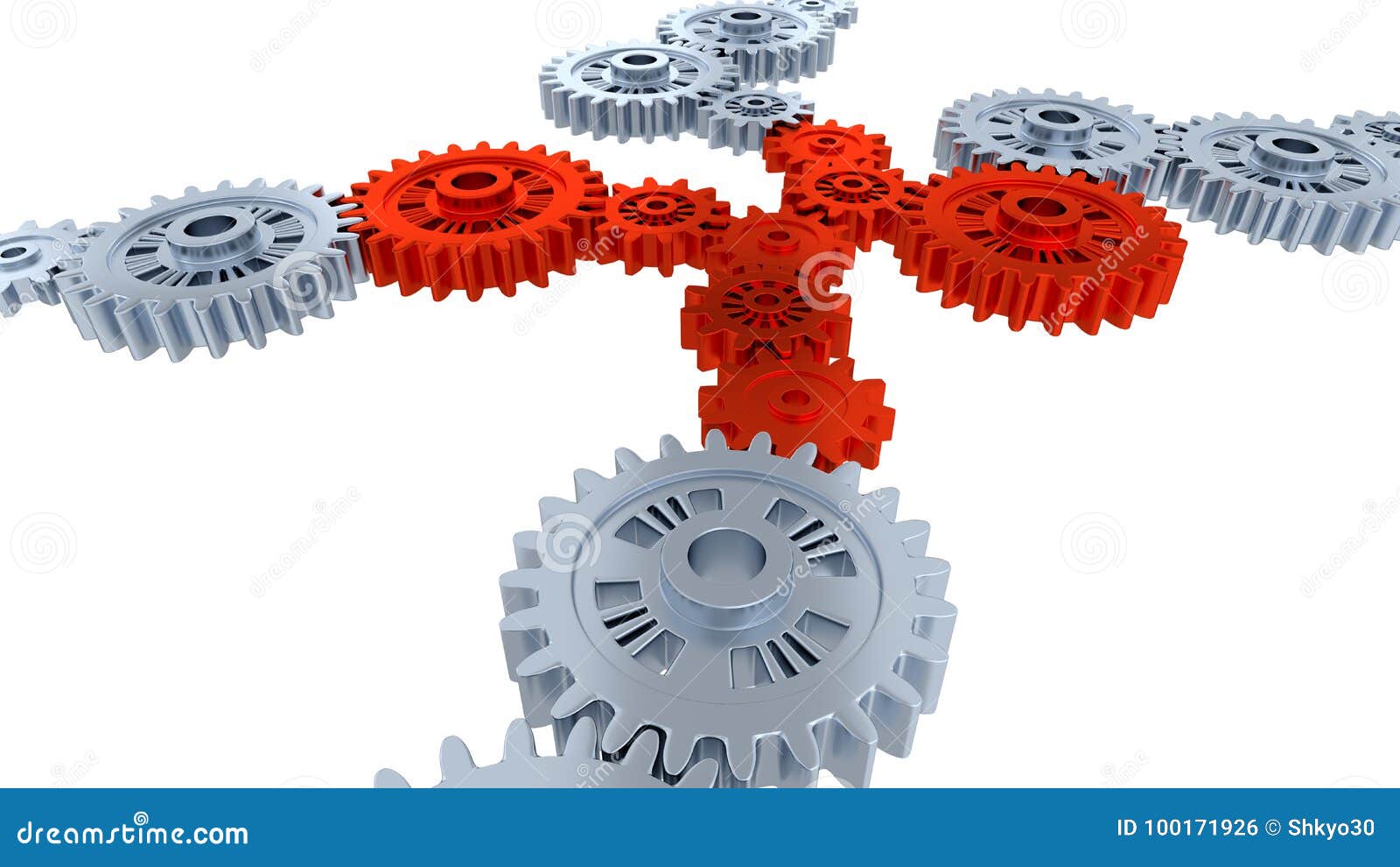 Side and Perspective View of Some Silver Gears and Eight Red Stock ...
