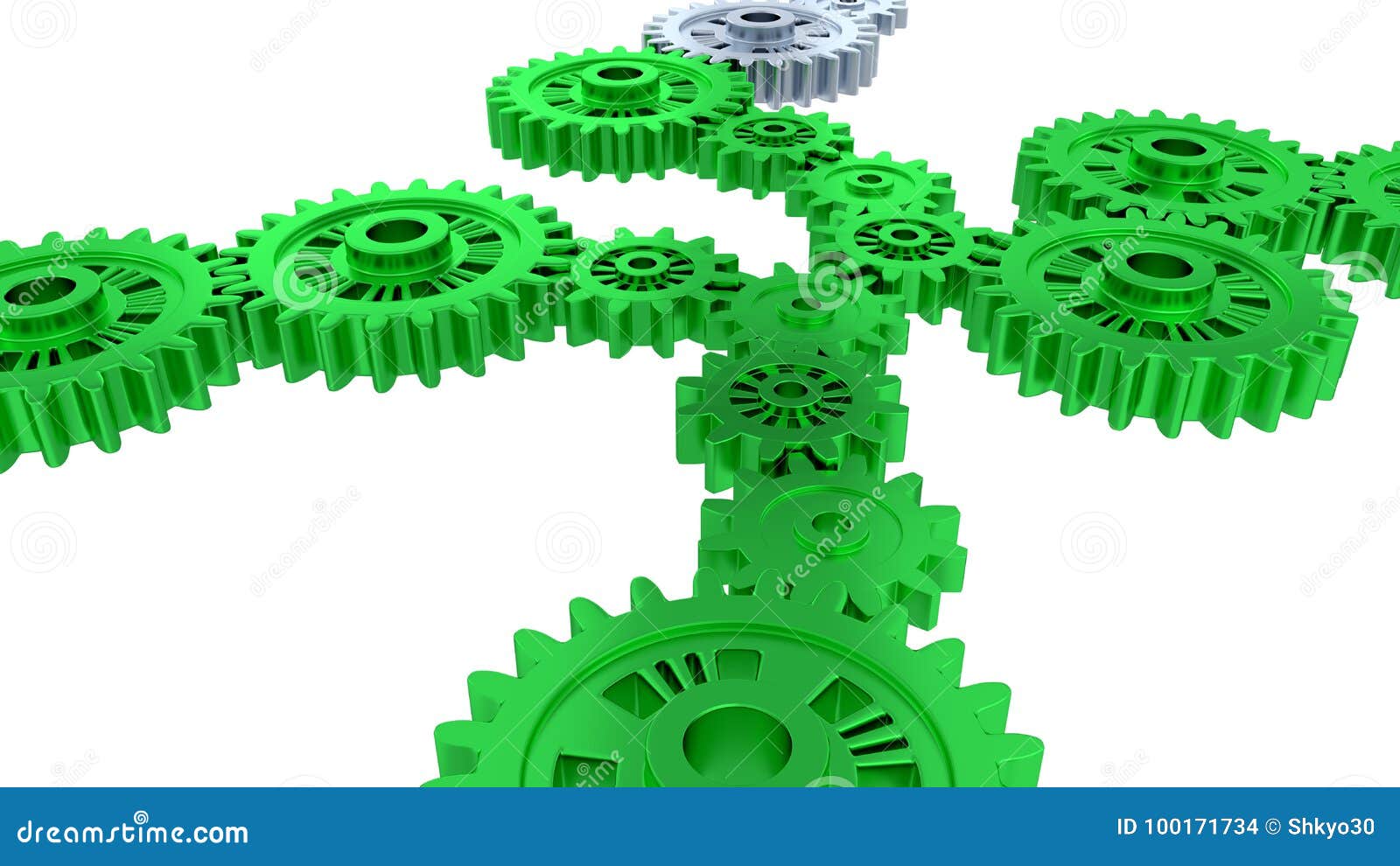 Side and Perspective View of Two Silver Gears and Several Green Stock ...