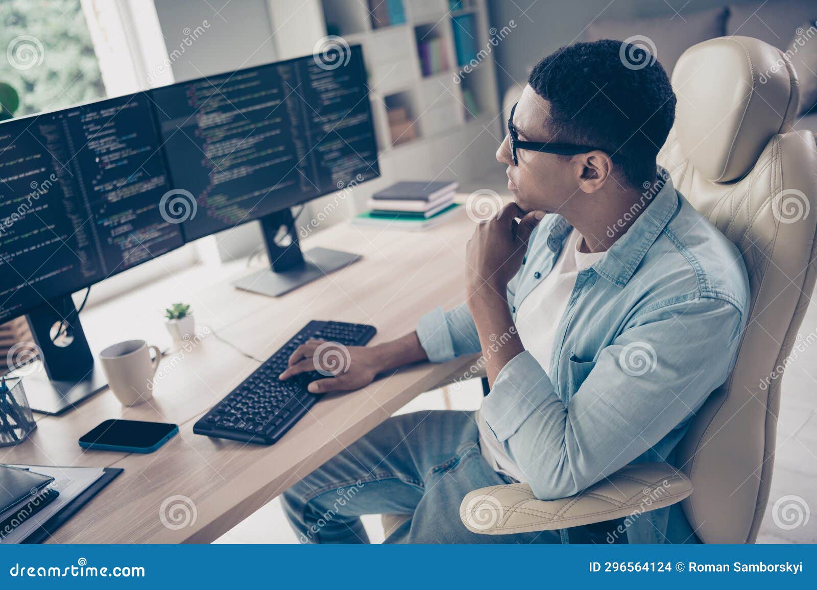 Side Photo of Male Programmer Student Thinking How Fix Bugs Error in Code Typing Keyboard ...