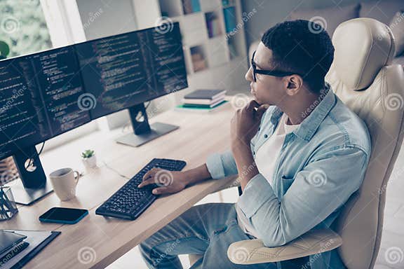 Side Photo of Male Programmer Student Thinking How Fix Bugs Error in ...