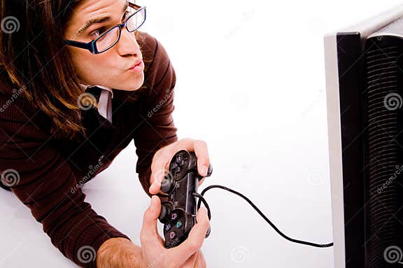 Side Pose of Man Playing Videogame Stock Image - Image of isolated ...