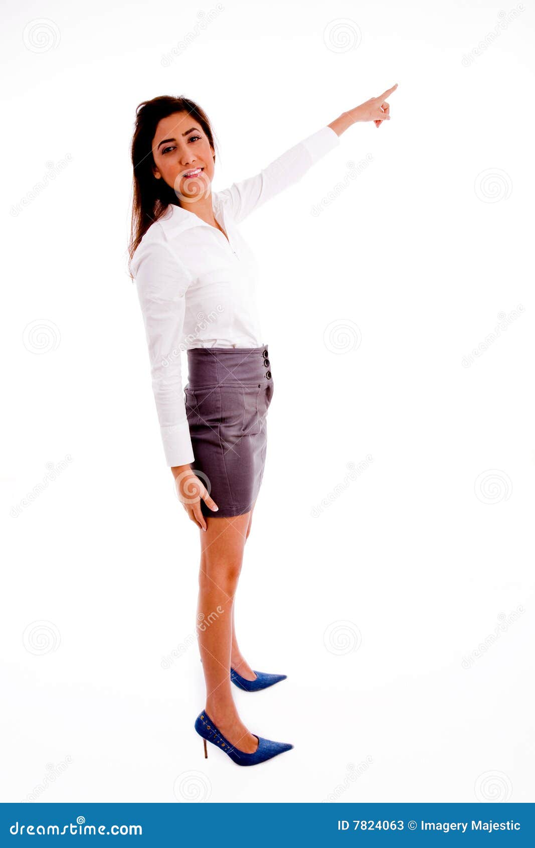 Side Pose of Pointing Woman Looking at Camera Stock Image - Image of ...