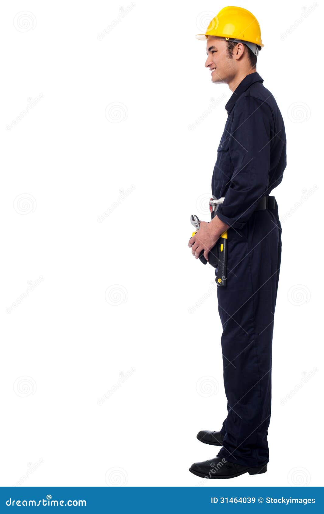 Side Pose of Smiling Young Construction Worker Stock Image - Image of ...