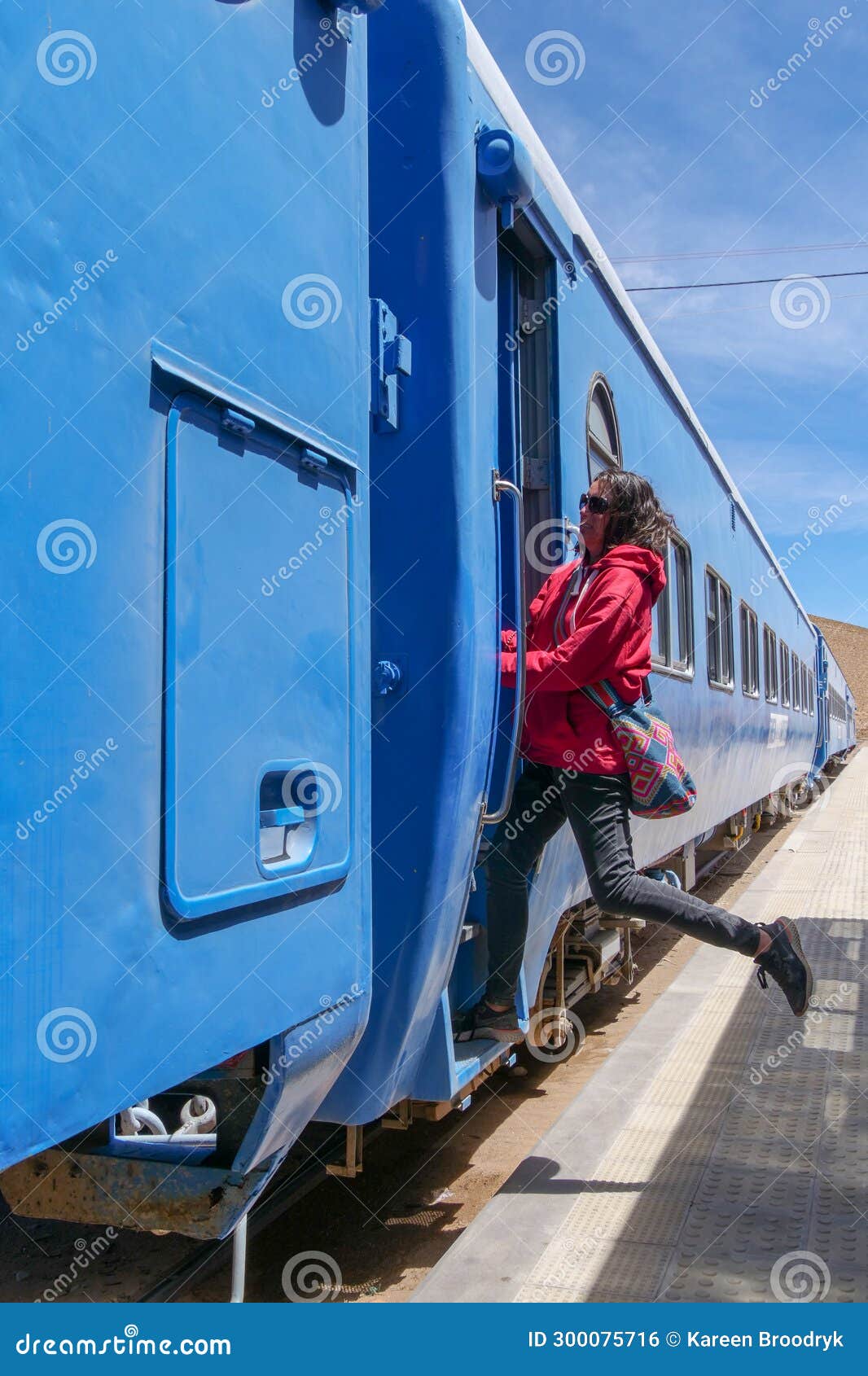 Side Profile of a Female Tourist Embarking a Blue Train Carriage ...