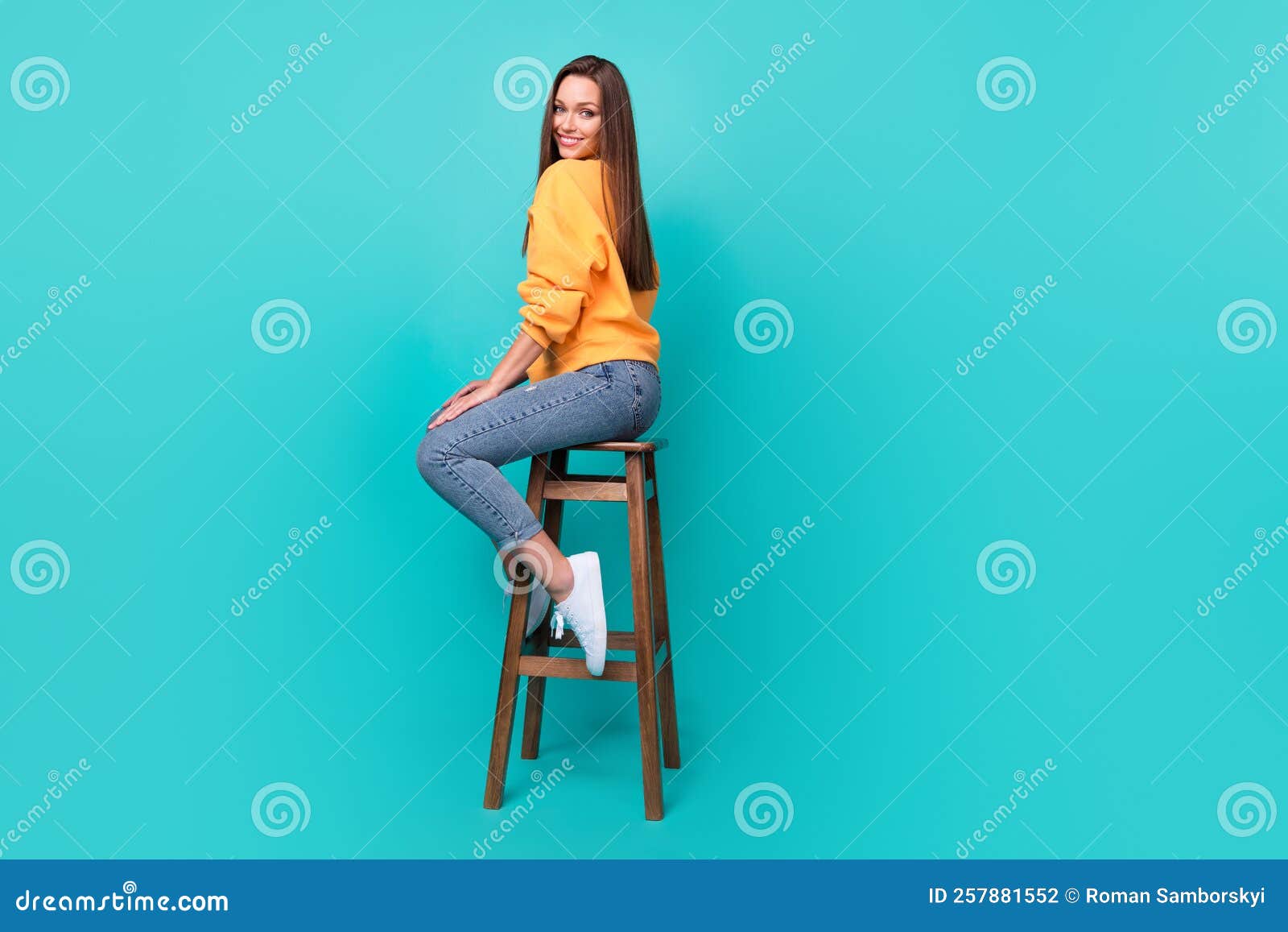 Side Profile Full Body Size Photo Of Young Gorgeous Skinny Girl Sitting