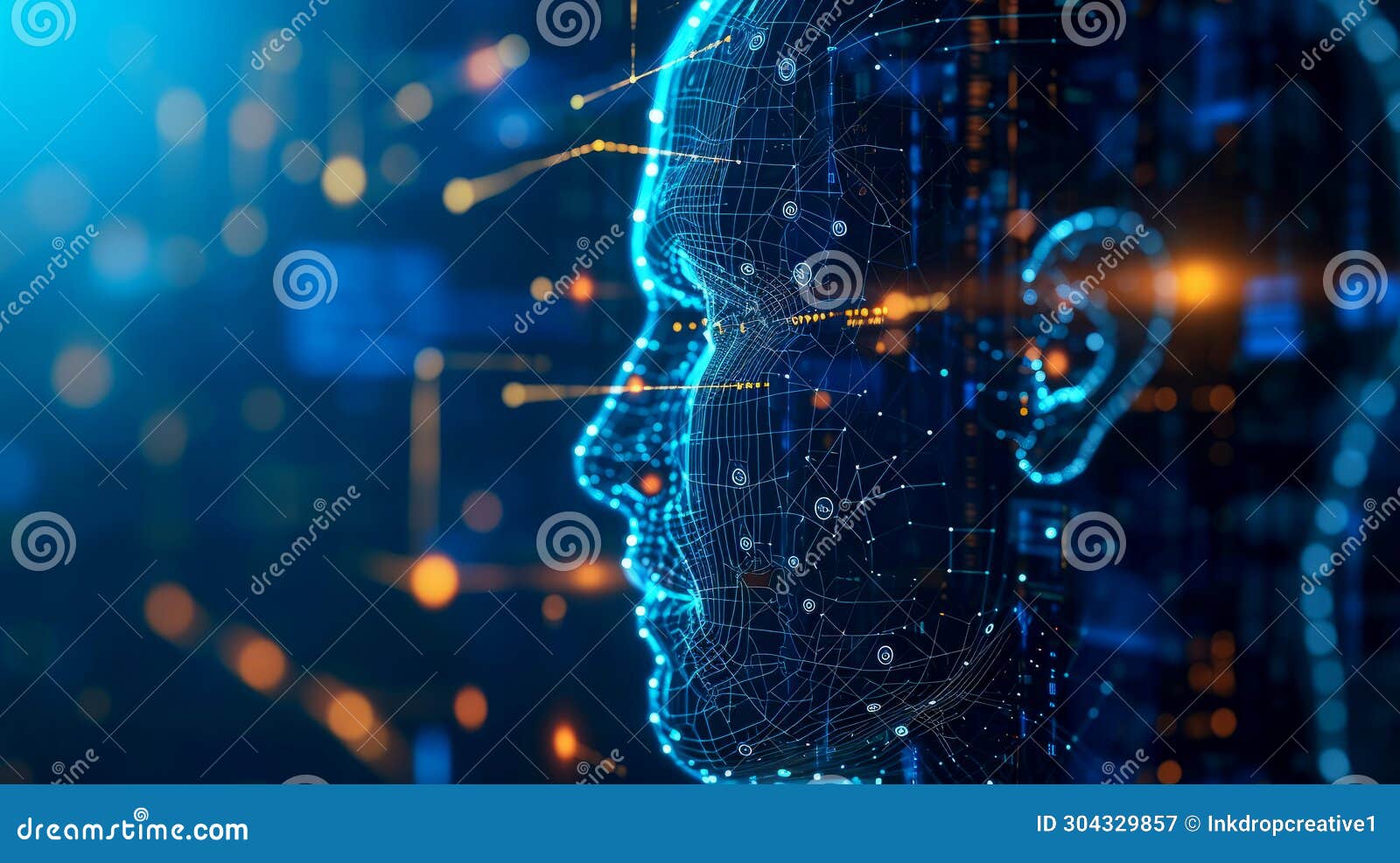 Side Profile of a Futuristic Artificial Intelligence Computer Head with ...