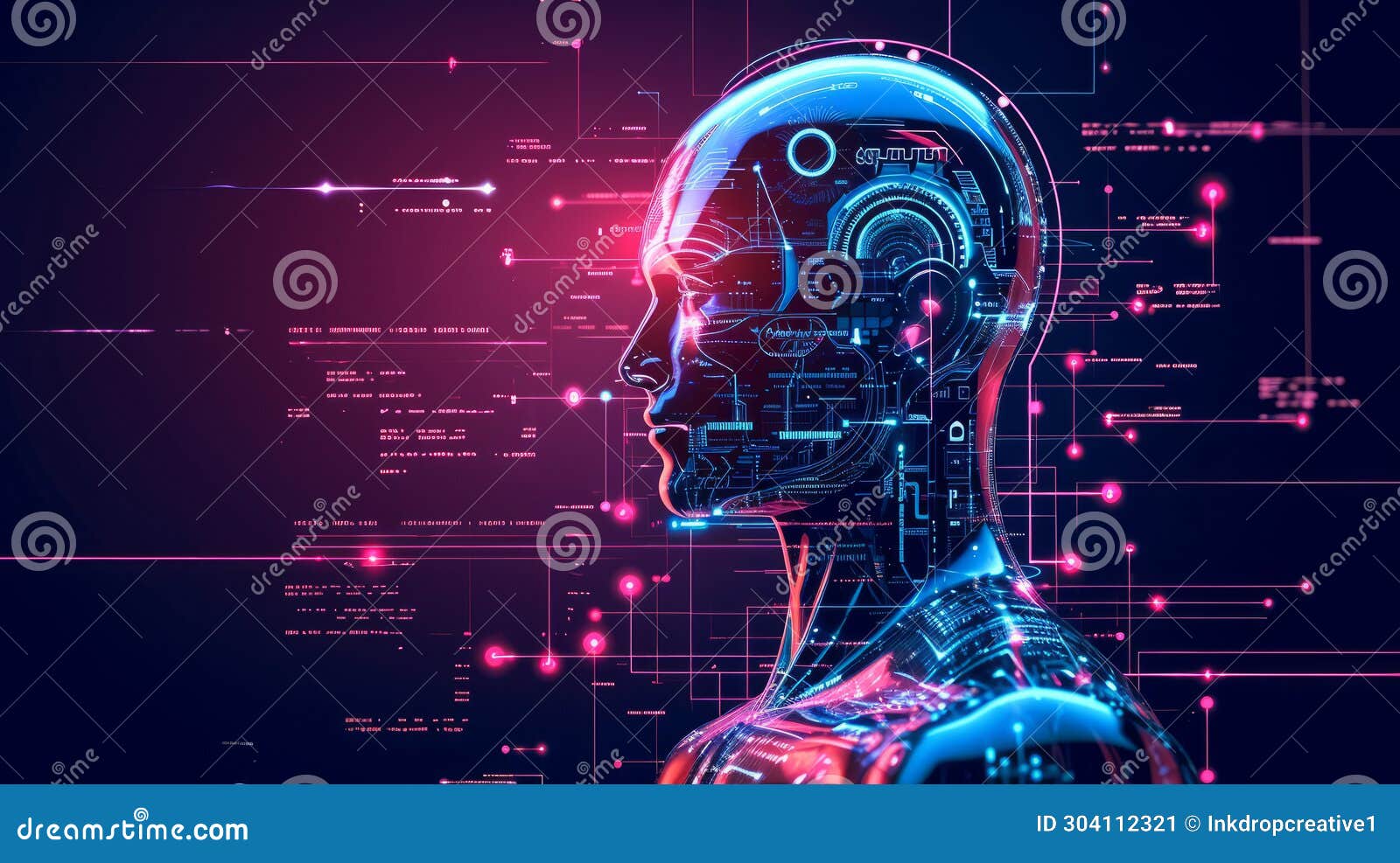 Side Profile of a Futuristic Artificial Intelligence Computer Head with ...