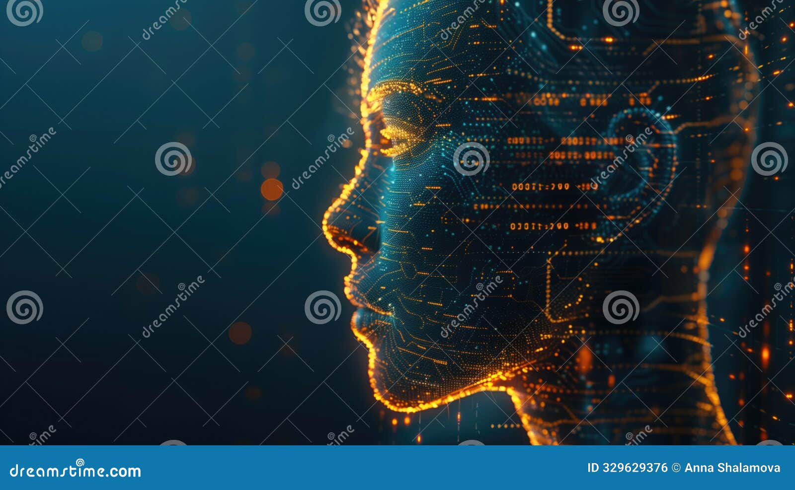 Side Profile of a Human Face Made of Digital Lines and Glowing Orange ...