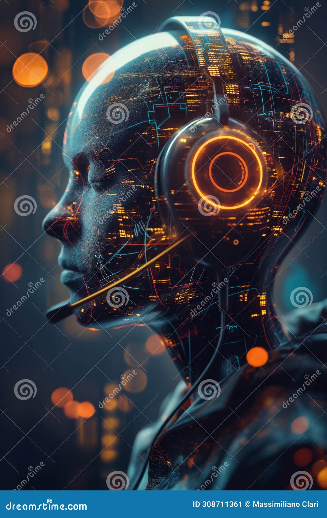 Side Profile of a Humanoid Robot with a Headset, Illuminated by Neon ...