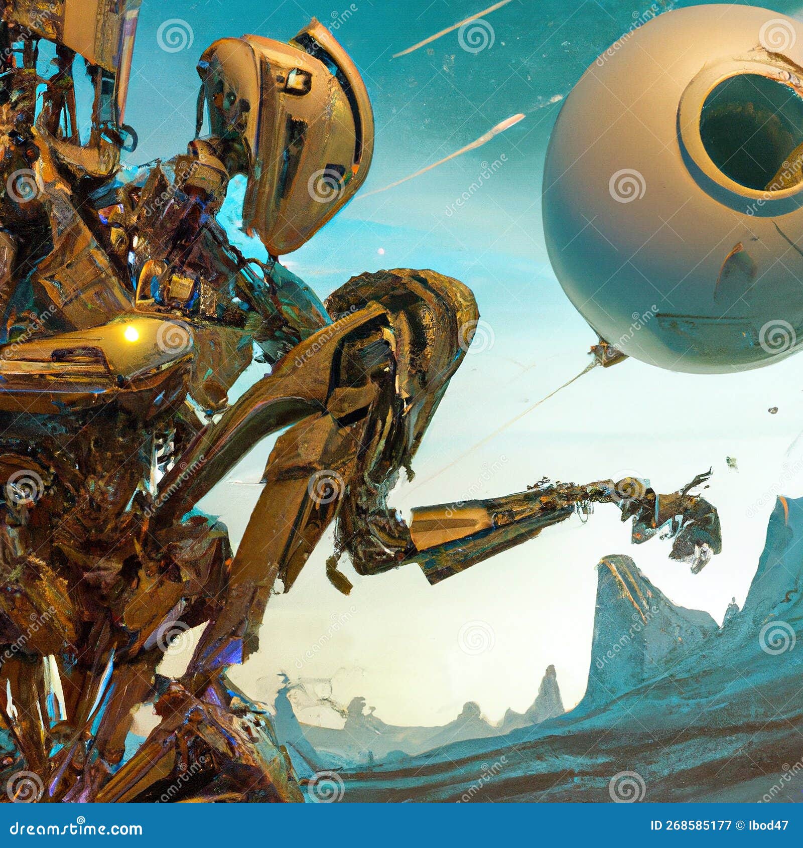 Alien Robot Kneels and Looks Menacing AI Art Stock Illustration ...
