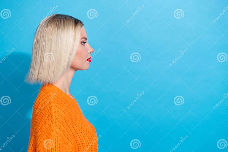 Side Profile Photo Of Lovely Girlish Woman With Bob Hairdo Dressed