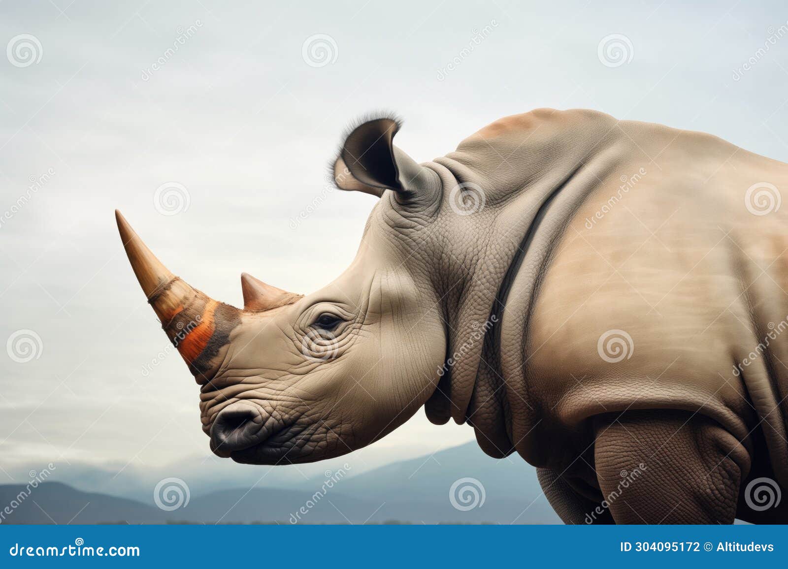 Side Profile of a Rhino with Mountain Backdrop Stock Photo - Image of ...