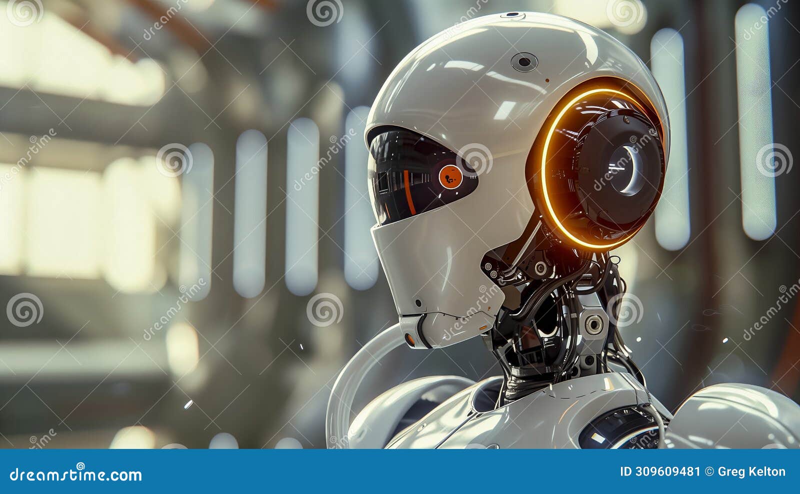 Side Profile of a Sleek White Robot with a Singular Glowing Red Eye and ...