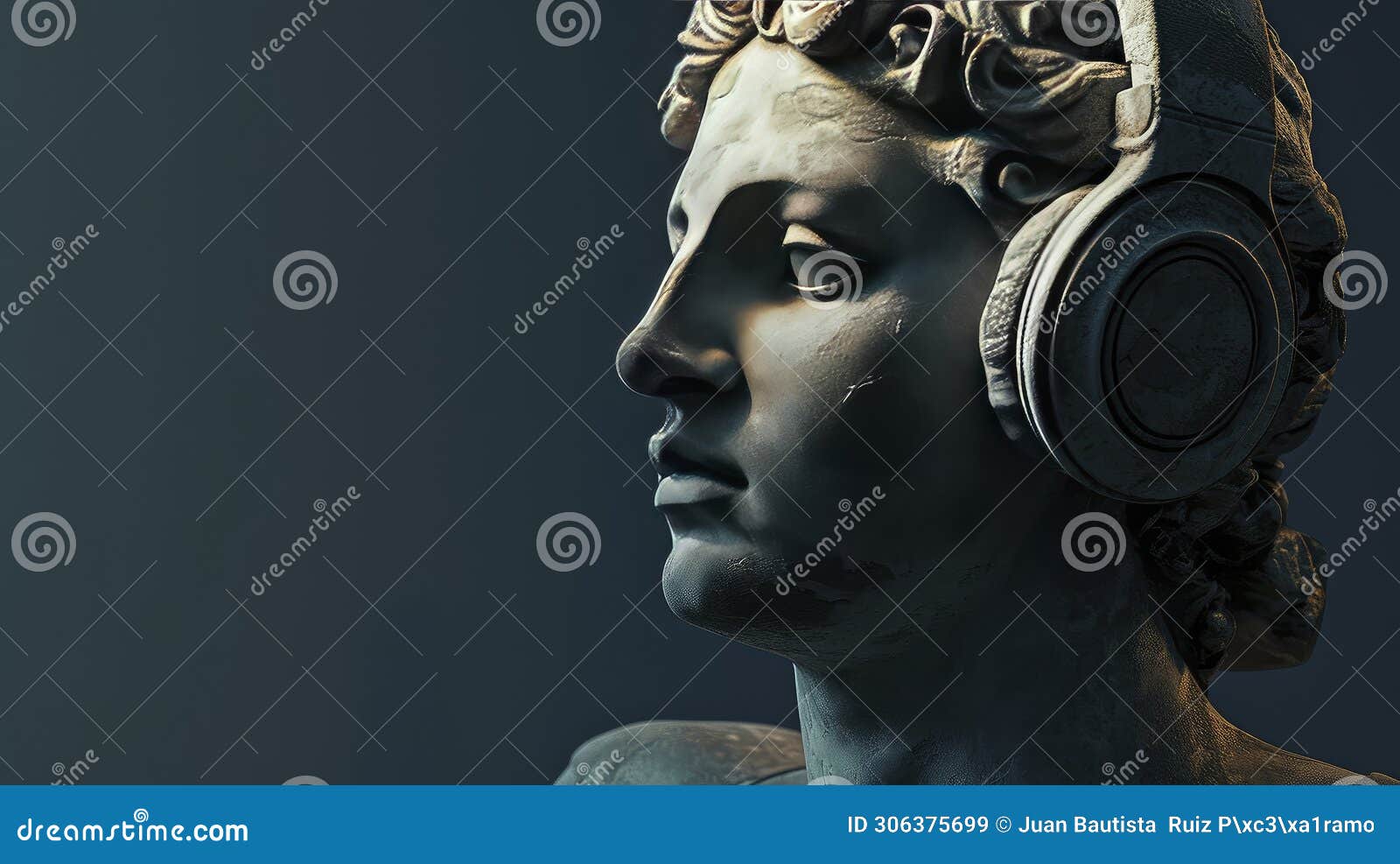 Side Profile of a Stone Statue Adorned with Headphones, Highlighted by ...