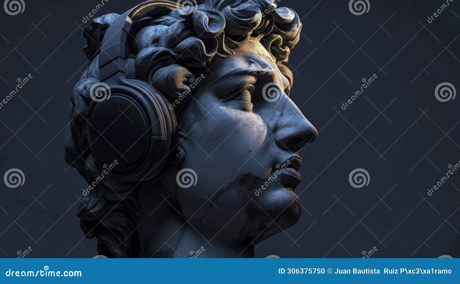 Side Profile of a Stone Statue Adorned with Headphones, Highlighted by ...