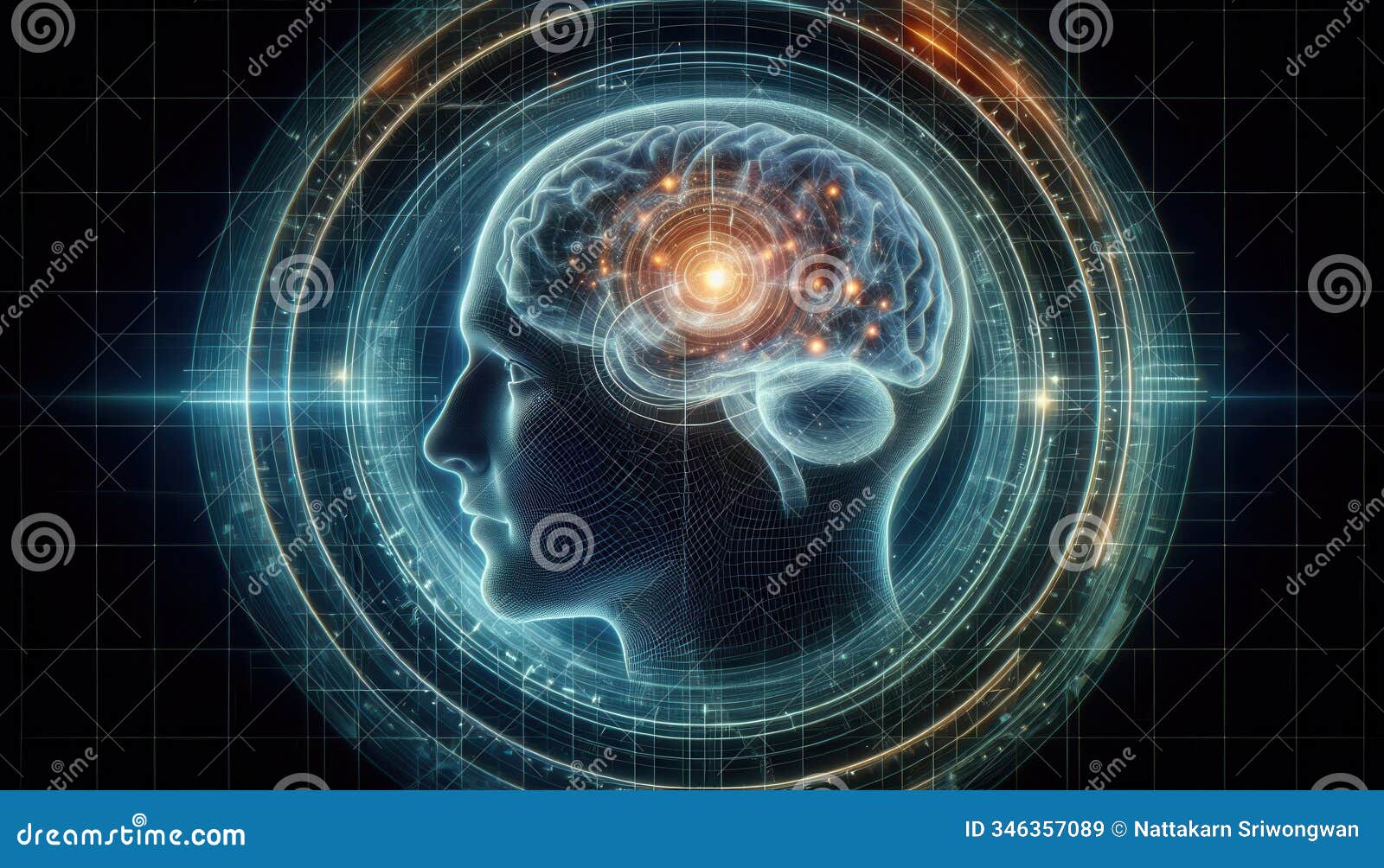 Side Profile of a Wireframe Human Head with a Glowing, Active Brain ...