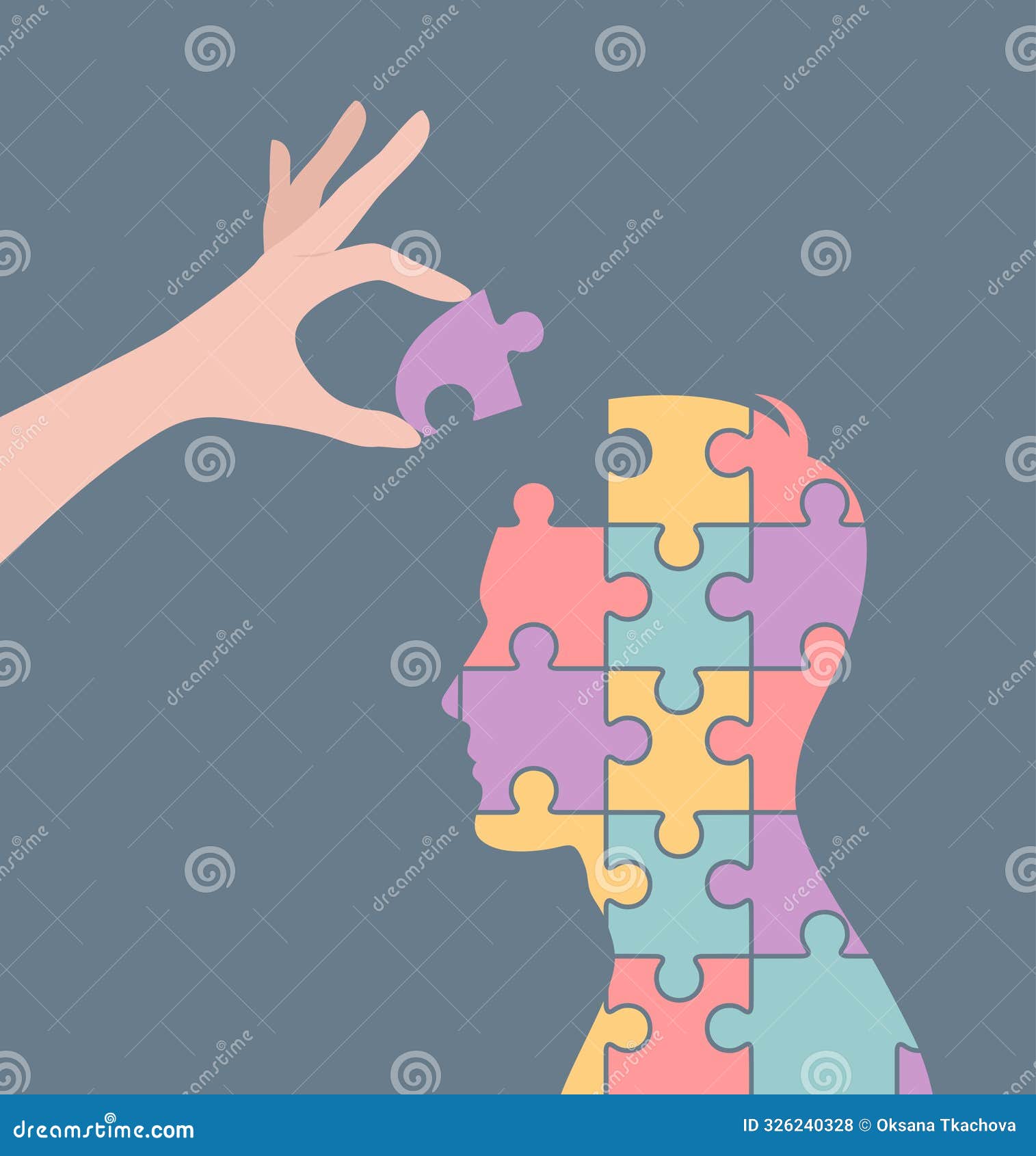 Side Silhouette of a Man Made of Multi-colored Puzzles, and a Hand ...