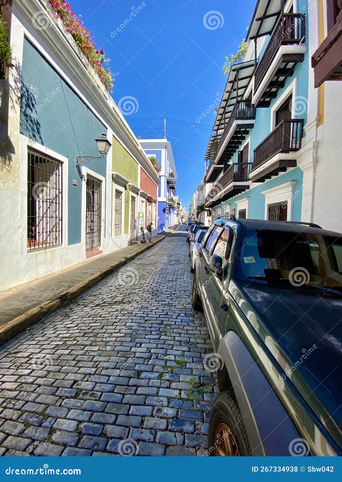 Street in Puerto Rico with Blue Bricks Stock Photo - Image of street ...
