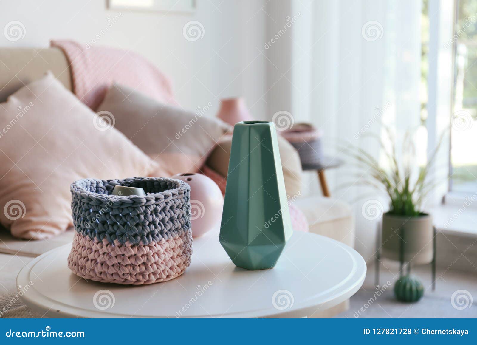Side Table with Beautiful Interior Elements in Living Room Stock Photo ...