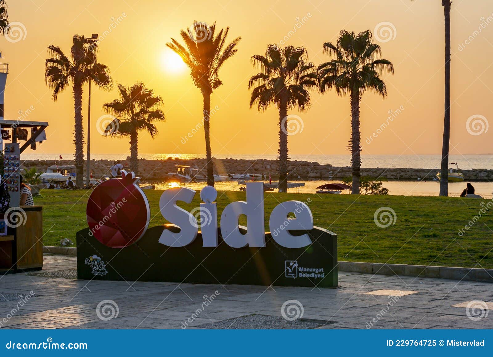 Side, Turkey - September 2021: Inscription `Side` on Promenade at ...