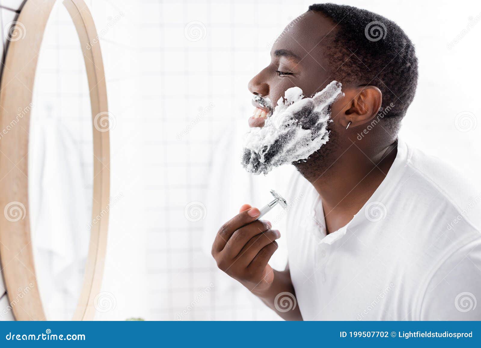 Side of Afro-american Man Shaving Stock Photo - Image of mirror ...