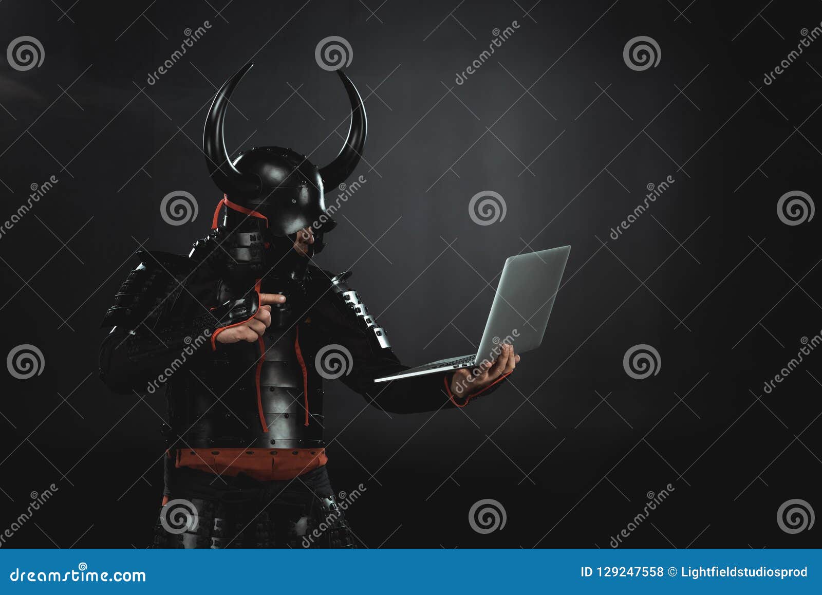 Side View of Armored Samurai Using Laptop Stock Photo - Image of male ...