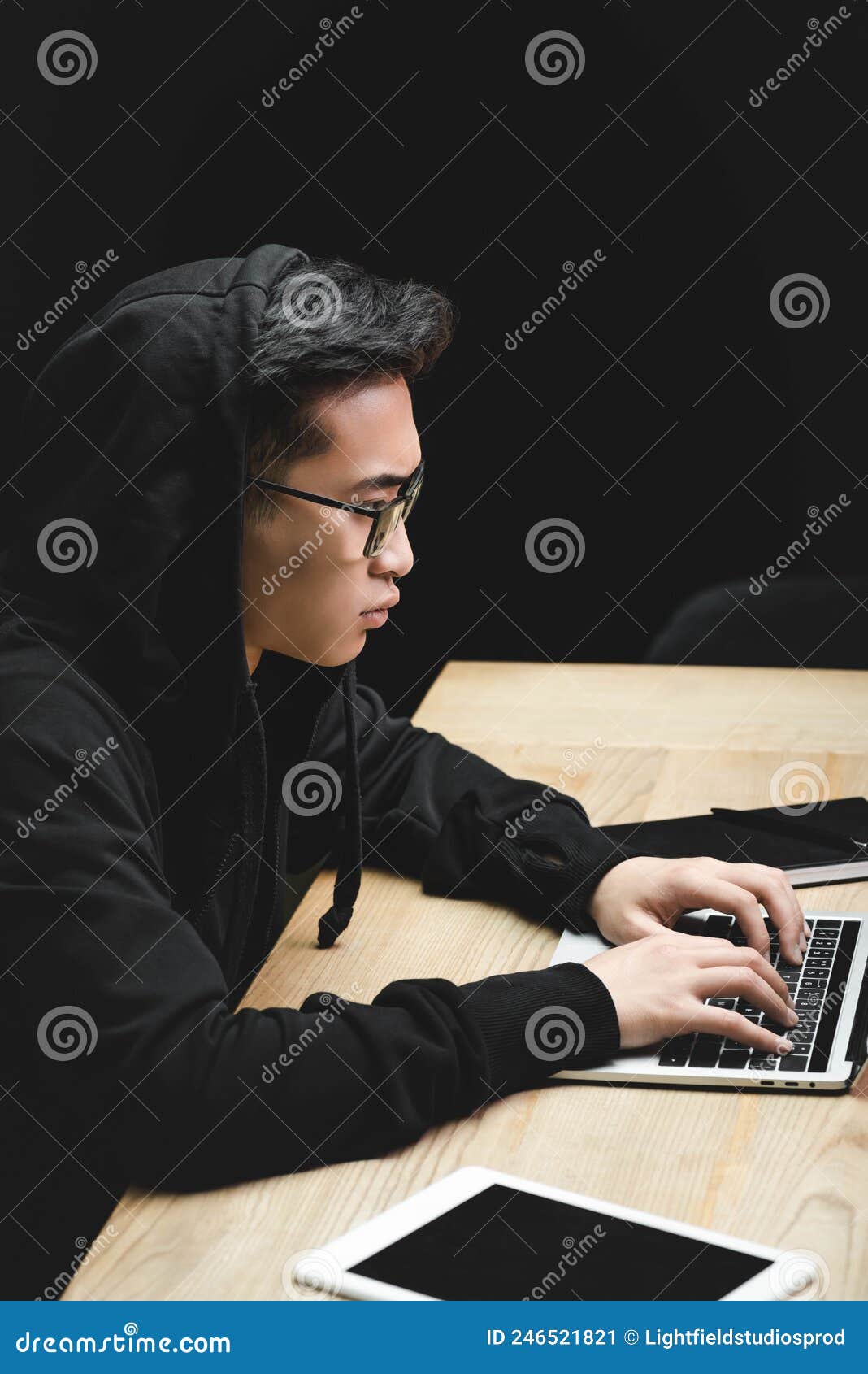 Side View of Asian Hacker Using Stock Image - Image of type, hacker ...