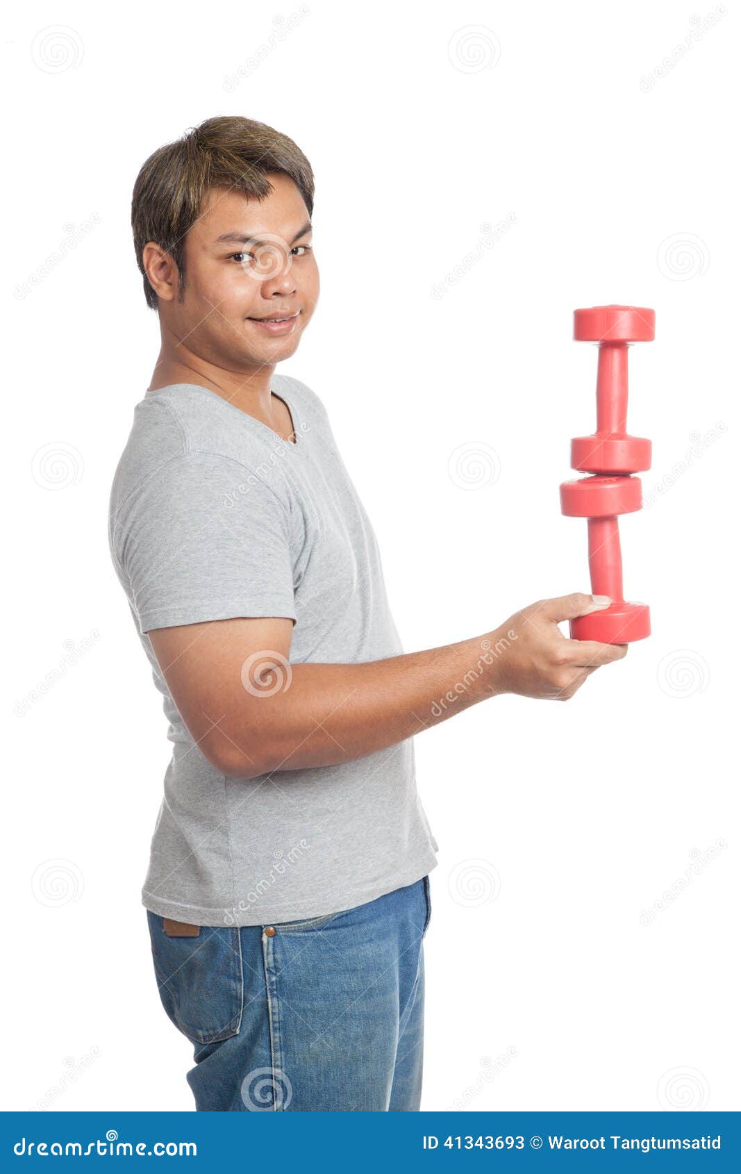 Side View of Asian Strong Man Balancing Dumbbells Stock Image - Image ...