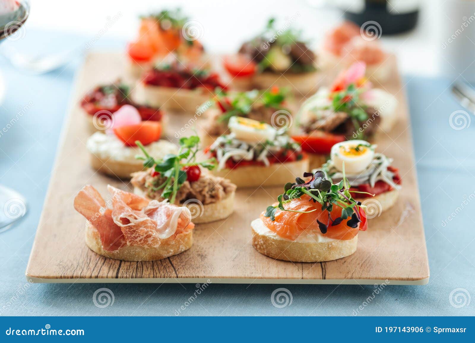 Side View on Assorted Tapas with Different Toppings Stock Photo - Image ...
