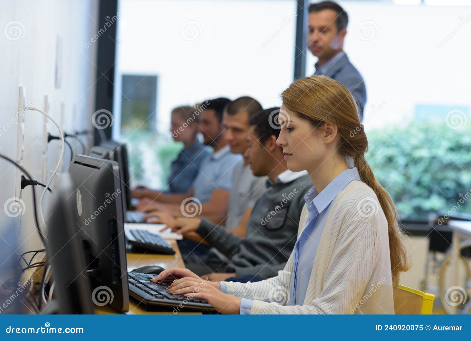 Side View Attentive Students E-learning in Classroom Stock Image ...