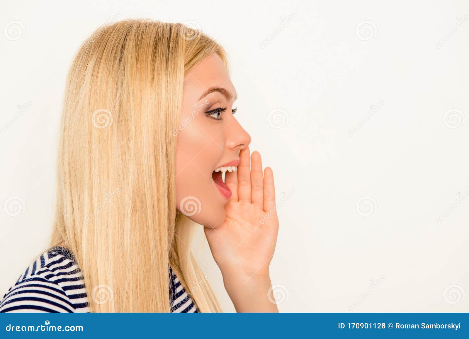 Side View of Attractive Happy Woman Making Add Stock Photo - Image of ...