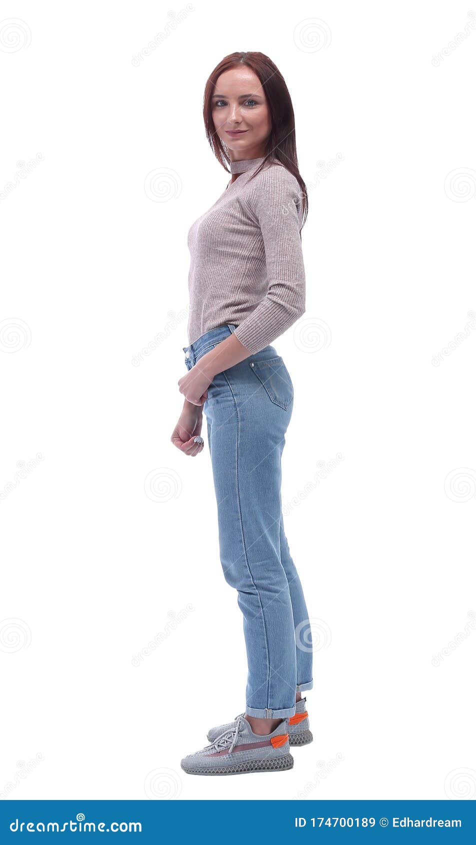 Side View. Attractive Young Woman Looking at the Camera Stock Image ...