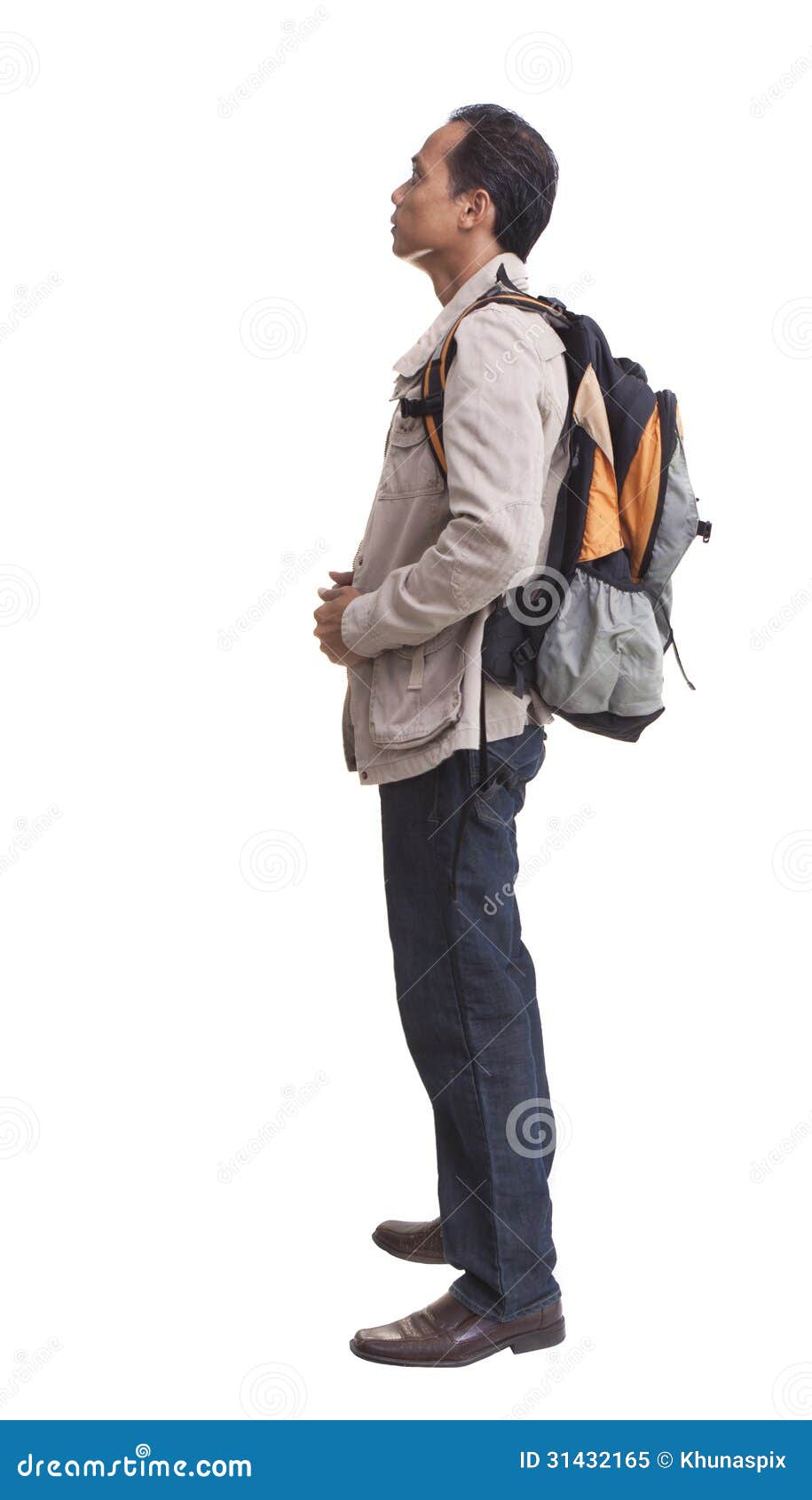Side View of Backpacker Standing on White Stock Image - Image of ...