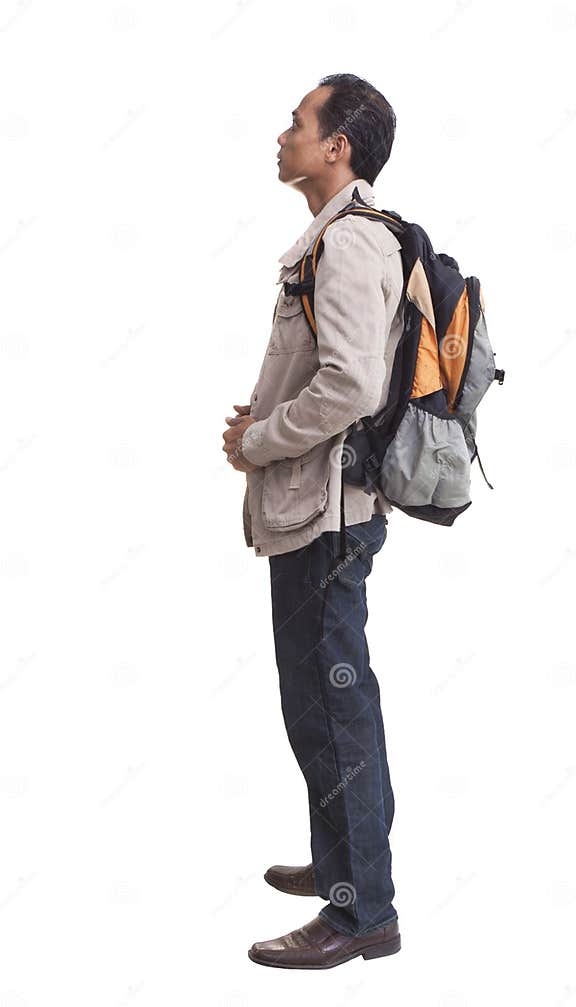 Side View of Backpacker Standing on White Stock Image - Image of ...