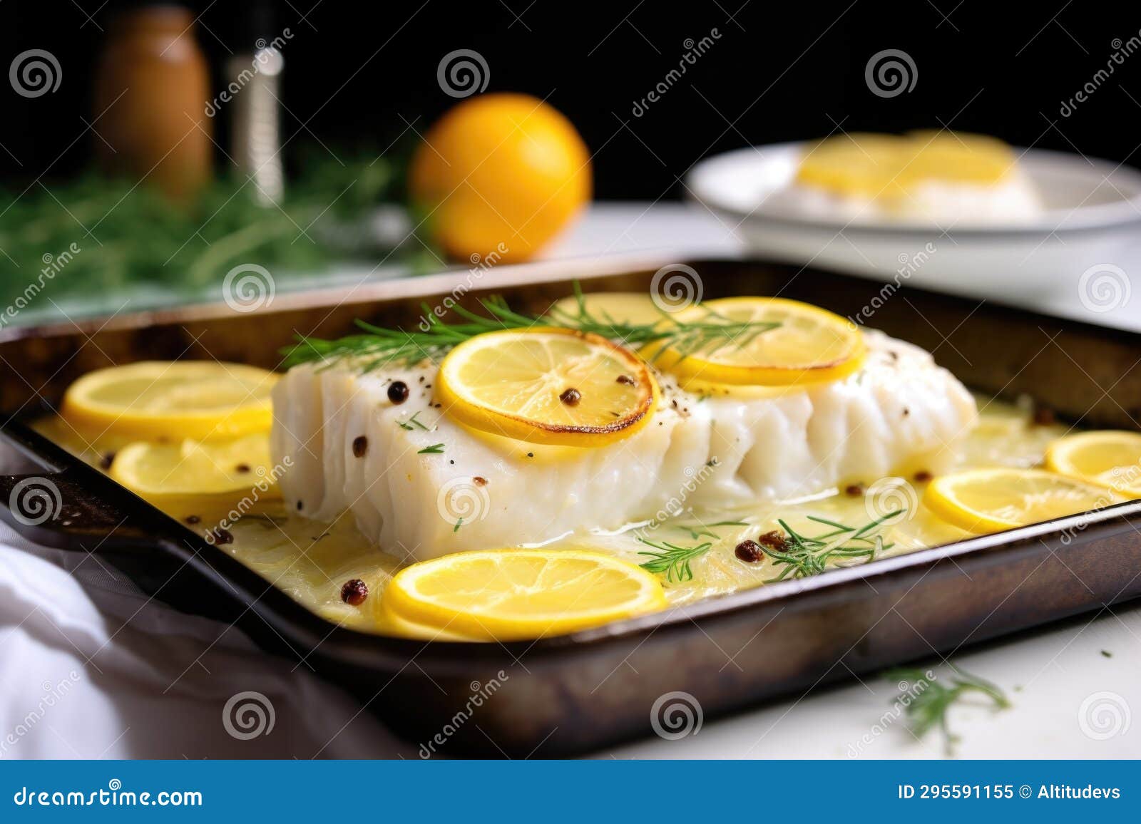 Side View of Baked Cod with Lemon Garnish, Wide Frame Stock Image ...