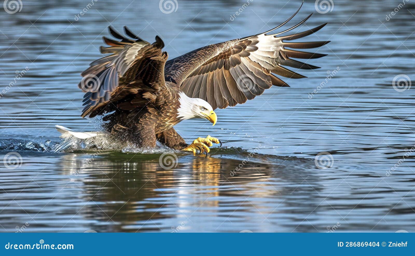 Side View of a Bald Eagle Striking the Surface of a Lake, Claws First ...