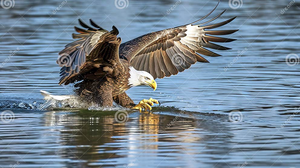 Side View of a Bald Eagle Striking the Surface of a Lake, Claws First ...