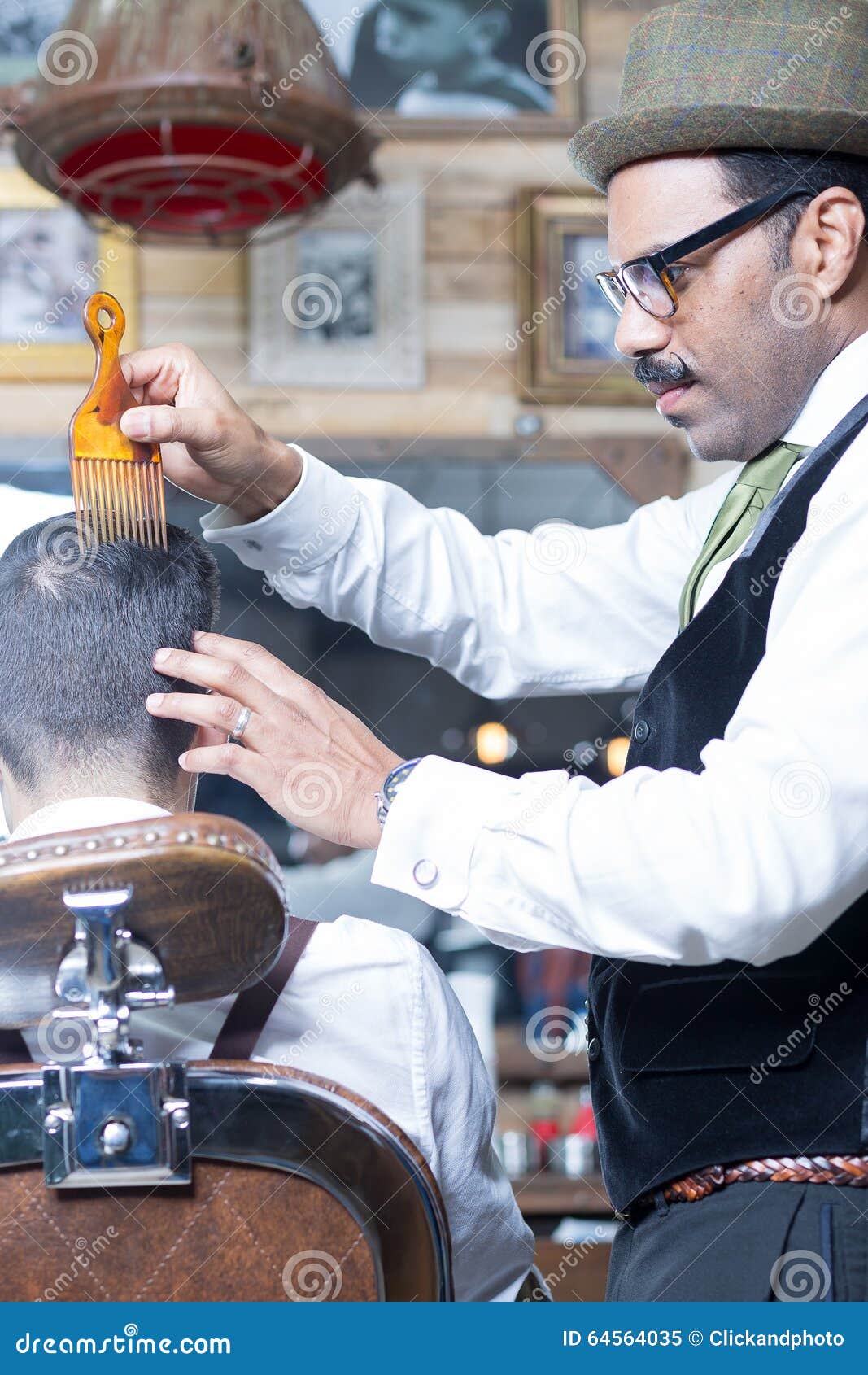 Side View of Barber with Moustache Brushing Client Stock Image - Image ...