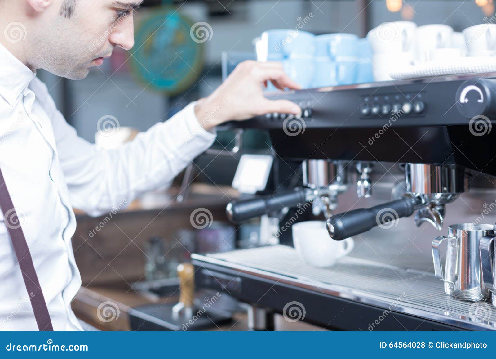 Side View of Bartender Pushing the Button on Coffee Machine Stock Photo ...