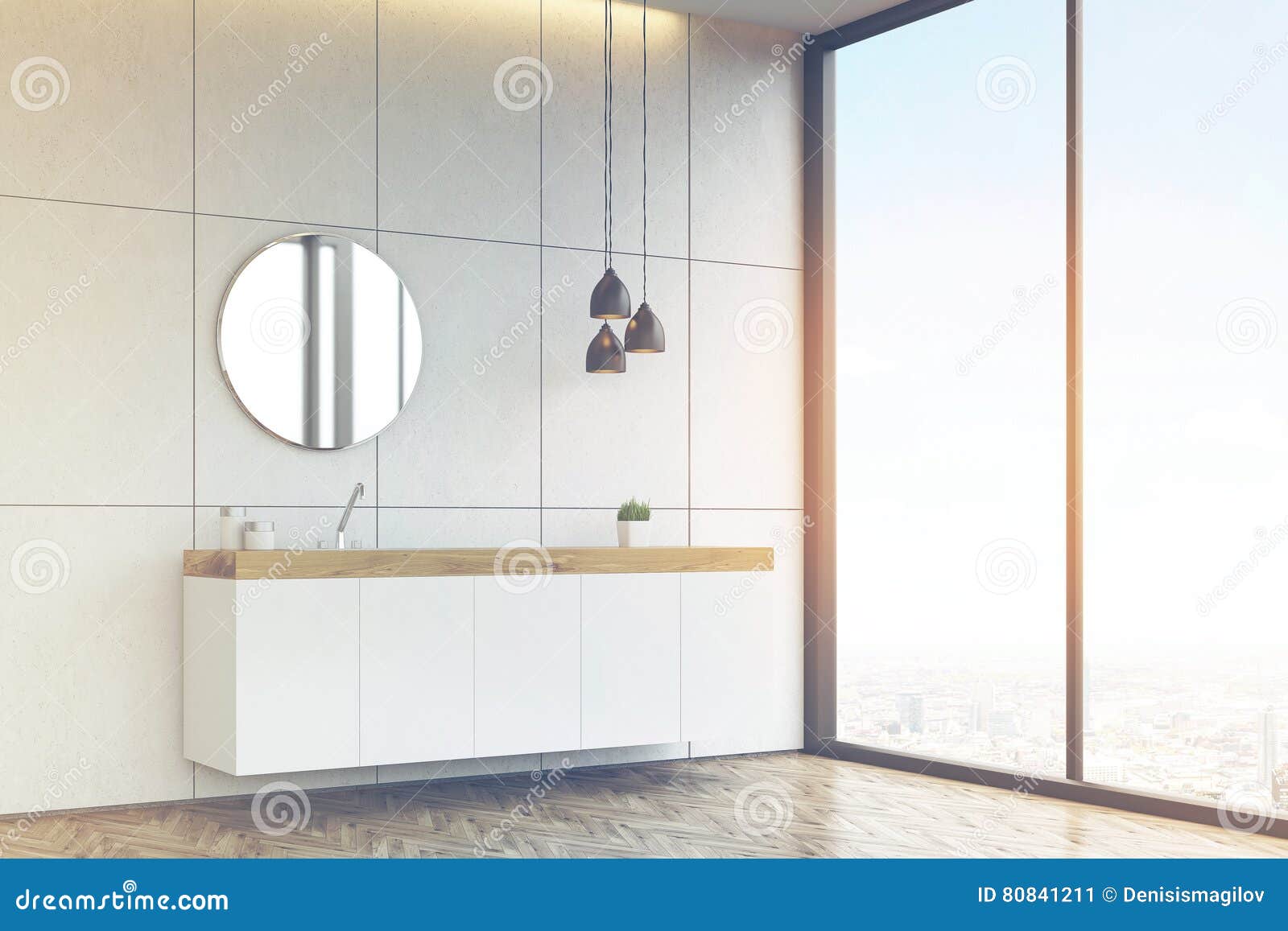 Side View of a Bathroom Sink with Round Mirror on Tiled Wall, To Stock ...