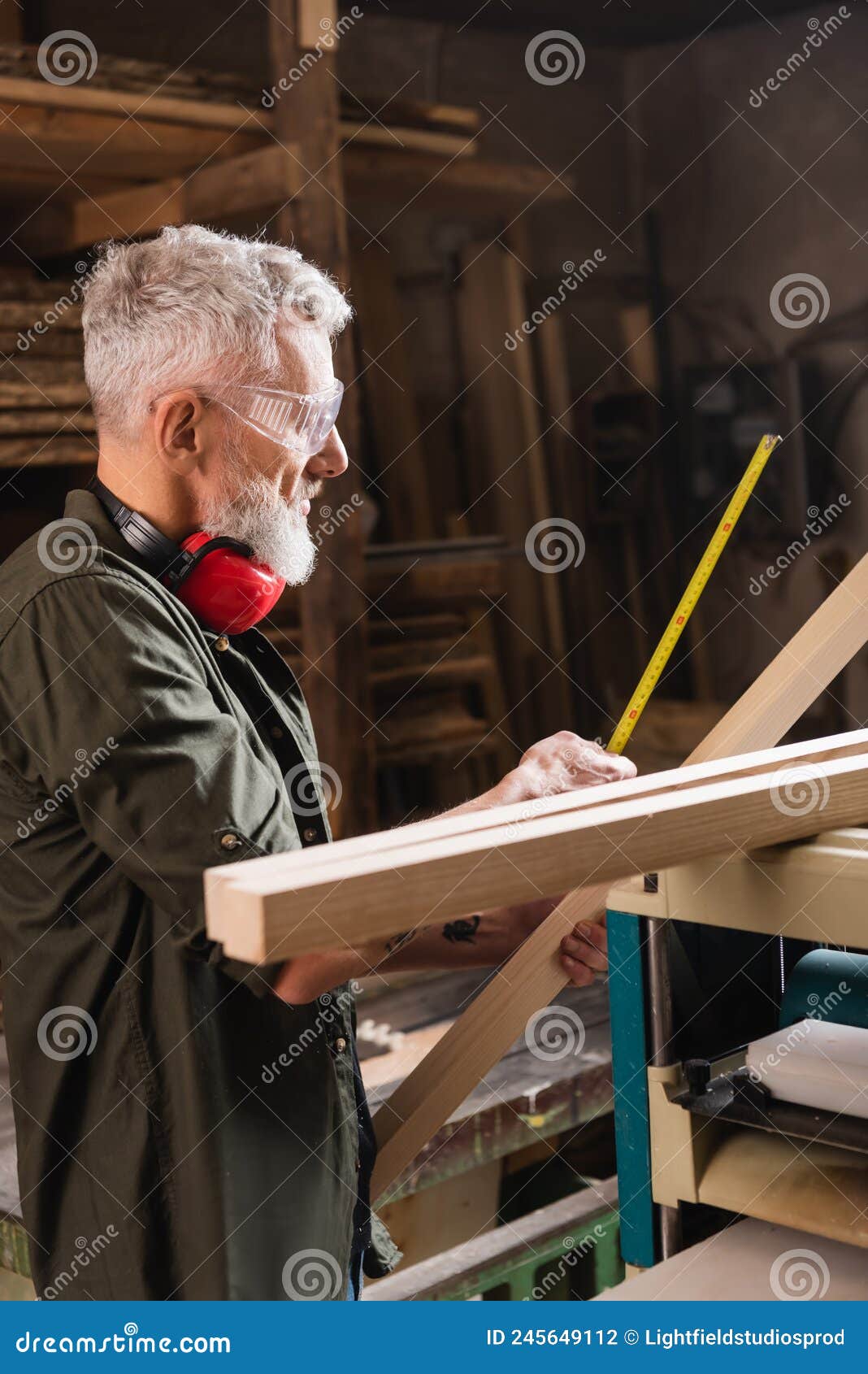 Side View of Bearded Woodworker Measuring Stock Photo - Image of ...