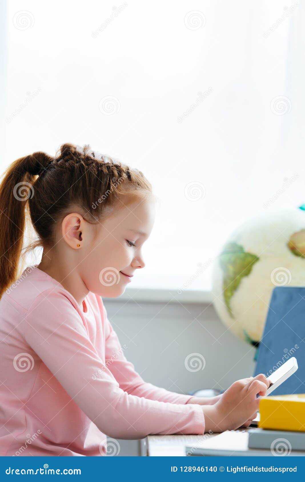 Side View of Beautiful Smiling Child Stock Photo - Image of homework ...