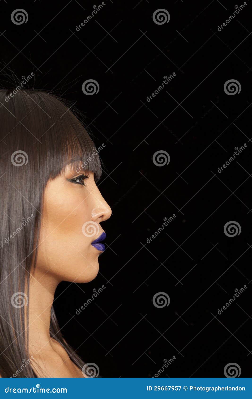 Side View of Beautiful Woman Against Black Background Stock Image ...