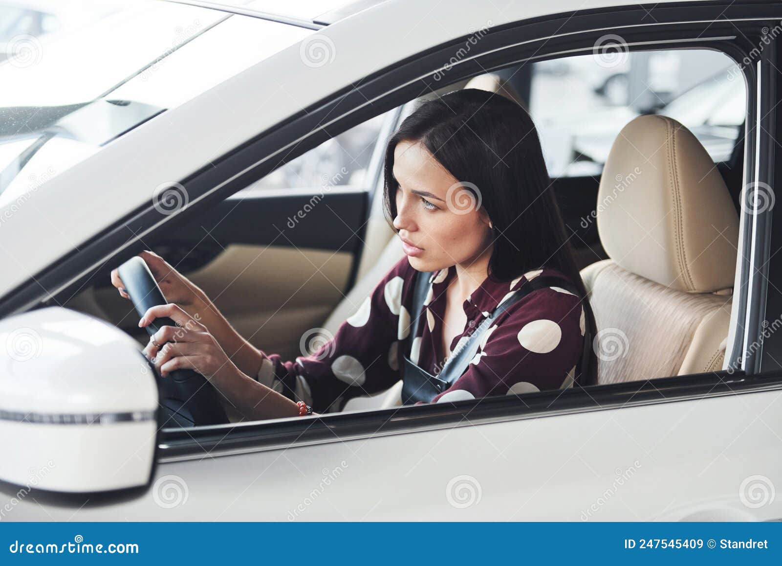 Side View of Beautiful Young Brunette that Inside of Modern Automobile ...